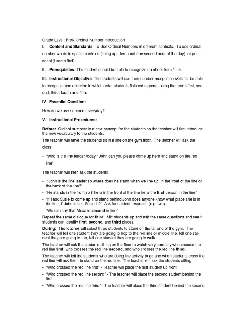 Ordinal Numbers Lesson Plan for PreK | PDF | Reading Comprehension ...