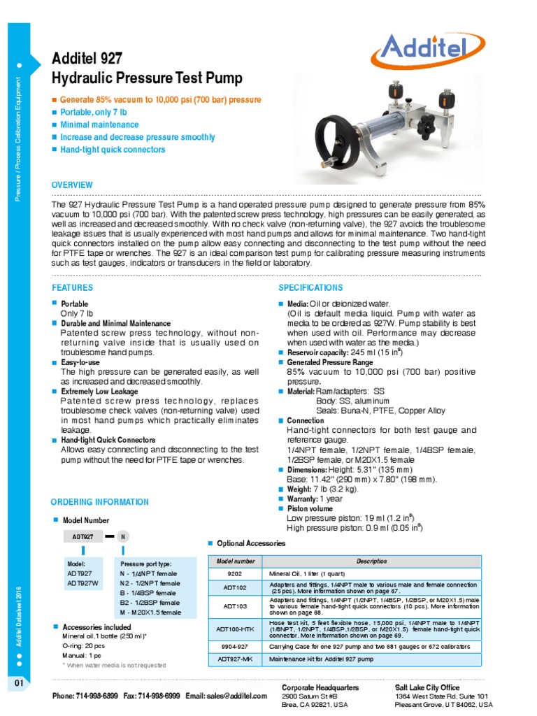 Additel ADT927 Brochure | PDF | Pump | Valve