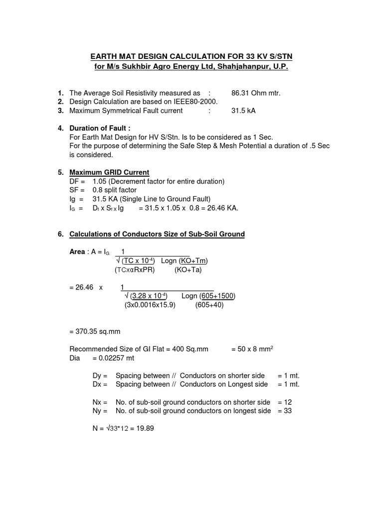 Earth Mat Design Calculation For 33 KV S/STN For M/s Sukhbir Agro ...