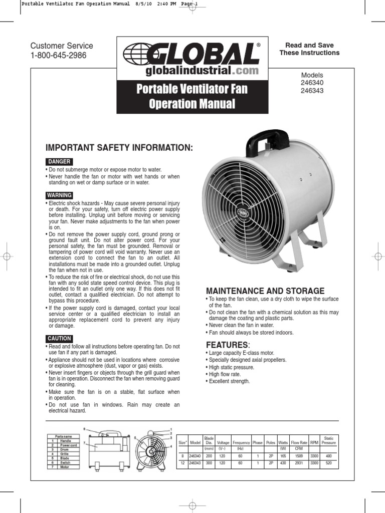 Portable Ventilator Fan Operation Manual | PDF | Duct (Flow) | Electrician