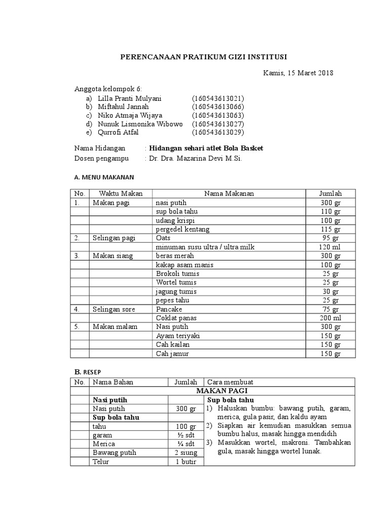 Menu Sehari Atlet Sepak Bola | PDF | Memasak, Makanan, & Anggur