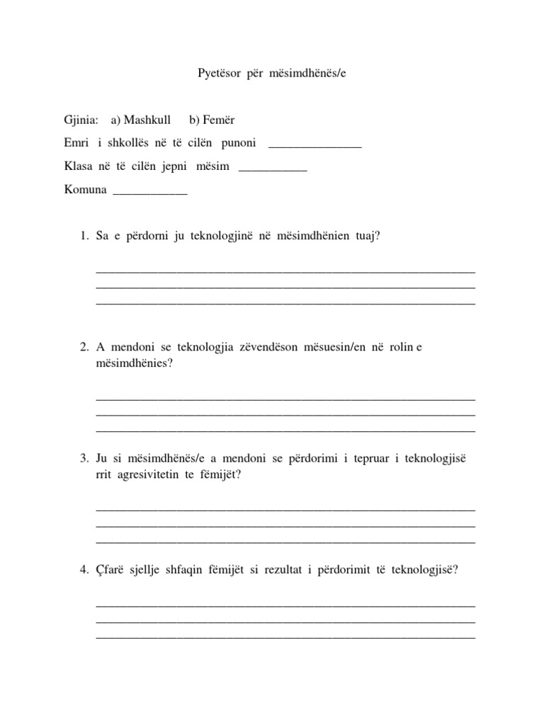 Pyetësor për mësimdhënës