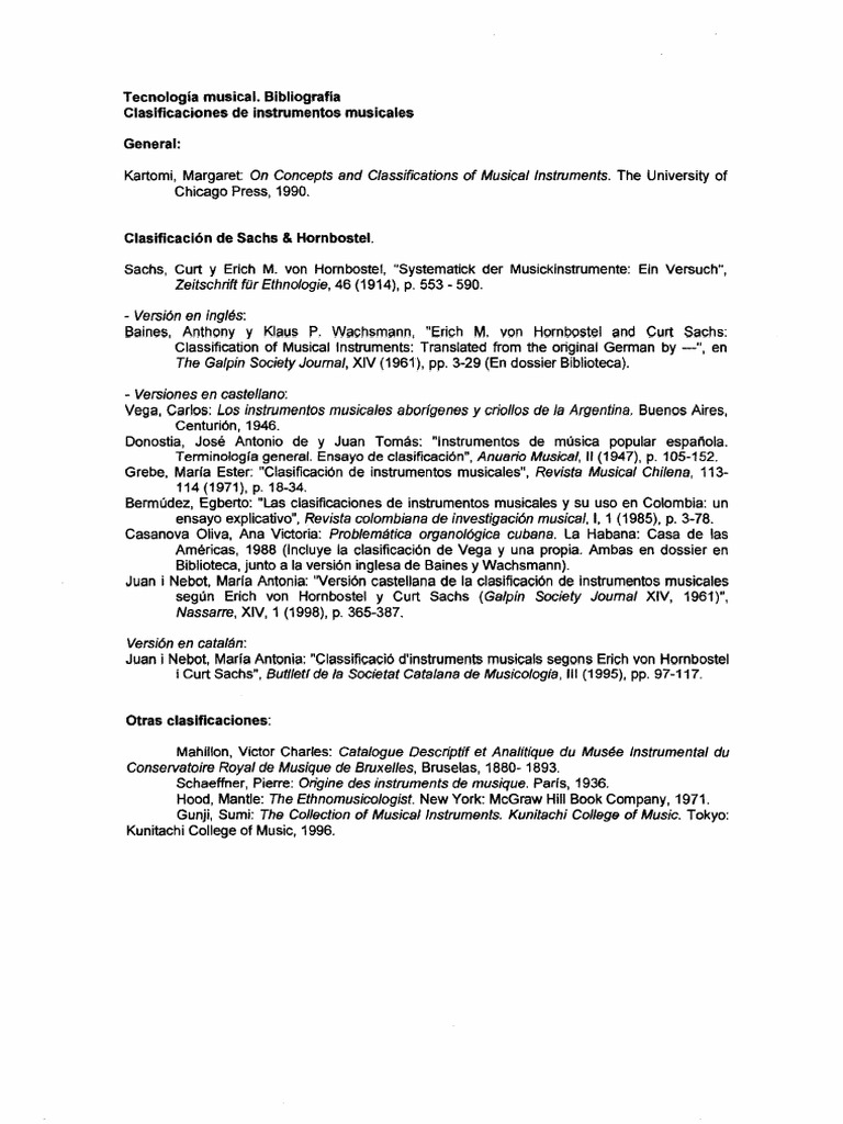 Clasificación de Instrumentos Musicales Según Hornbostel y Sachs | PDF ...