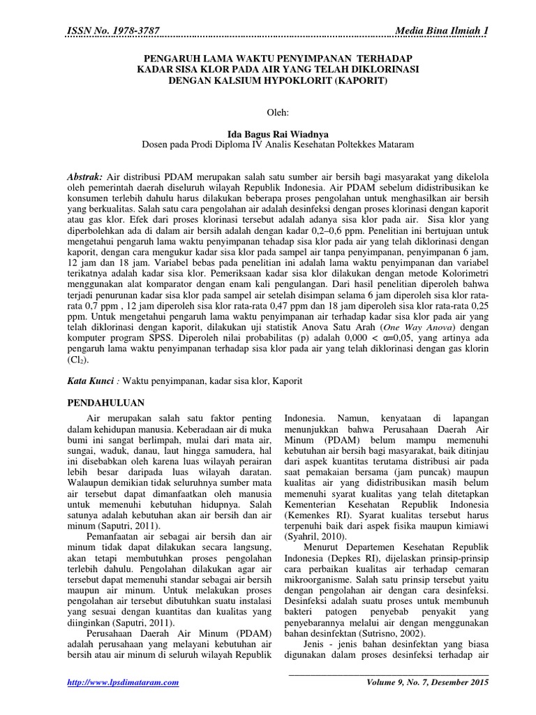 1-Pengaruh Lama Waktu Penyimpanan Terhadap Kadar Sisa Klor Pada Air Yang Telah Diklorinasi ...