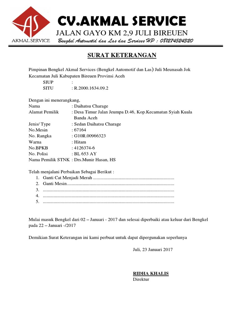 Surat Keterangan Mobil | PDF