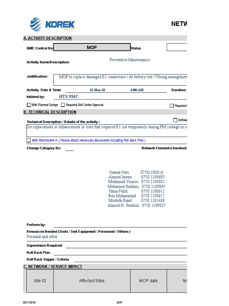 Network Change Request / New Mop Form: A. Activity Description | PDF | Systems Engineering ...