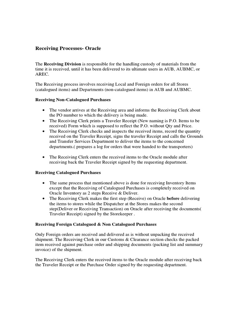 Receiving Process Pdf Receipt Inventory