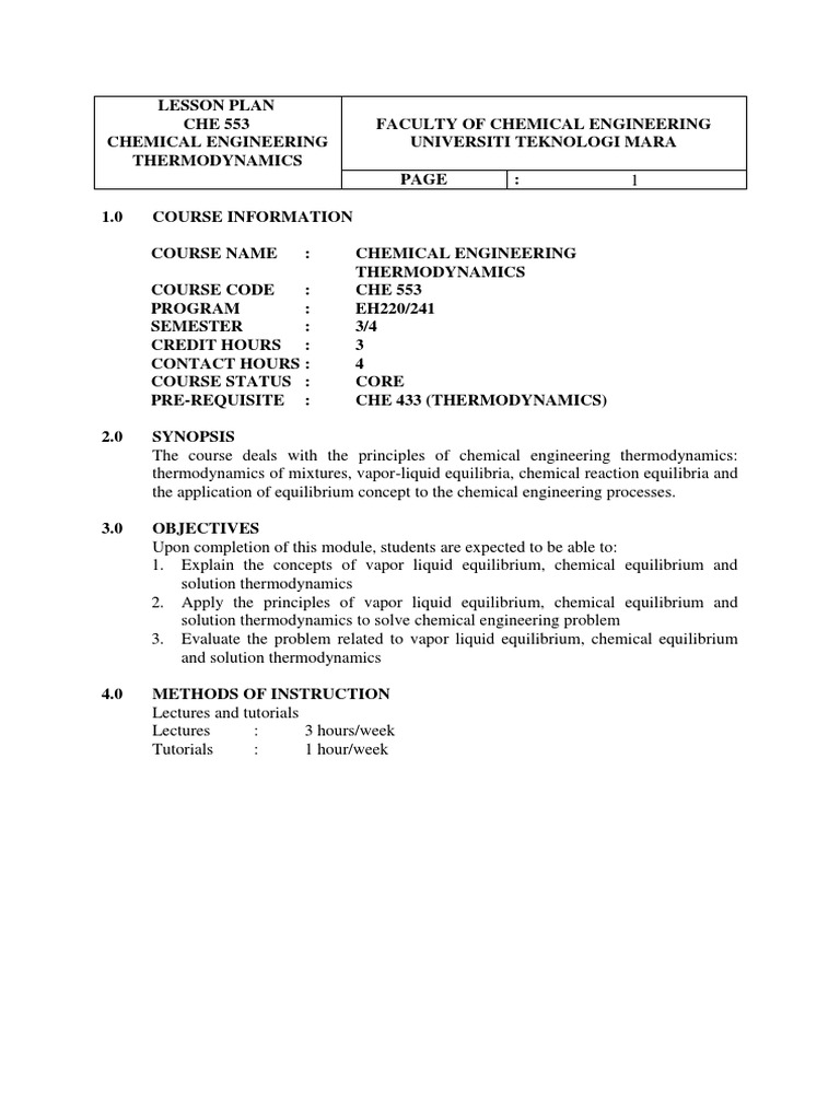 Lesson Plan CHE553 Sept2017 | PDF | Chemical Equilibrium | Thermodynamics