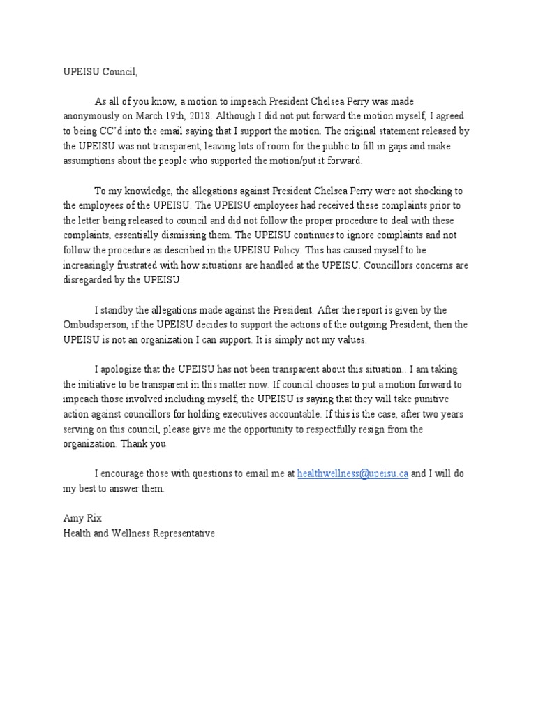 Amy Rix Statement On Motion of Non-Confidence | PDF | Government