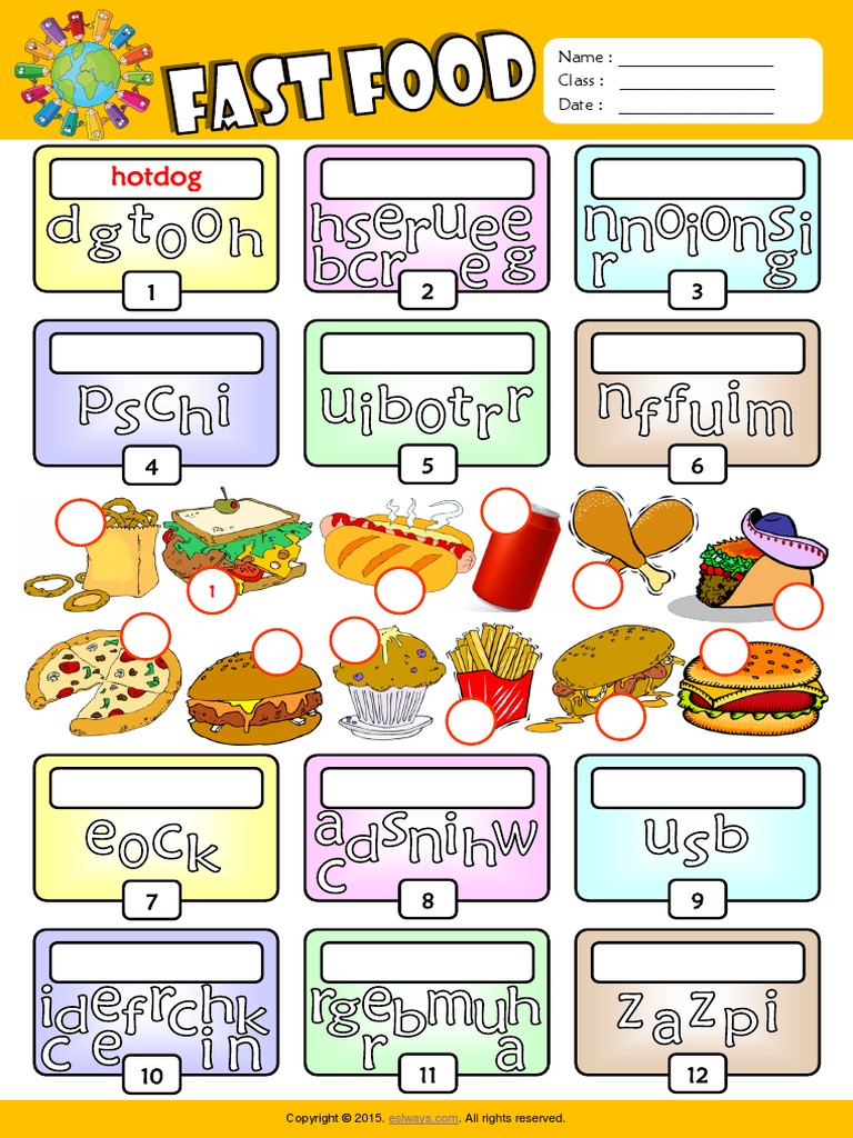 Fast Food Esl Vocabulary Unscramble The Words Worksheet For Kids