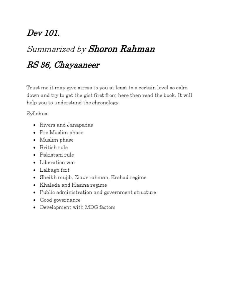 Dev 101 - Summarized by Shoron Rahman. | PDF | South Asia | Bangladesh