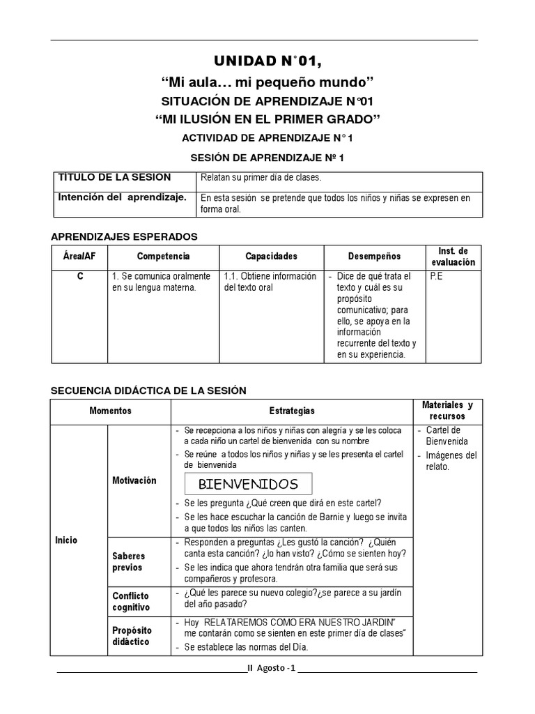 Sesiones de La Unidad - 1° | PDF | Aprendizaje | Dibujo