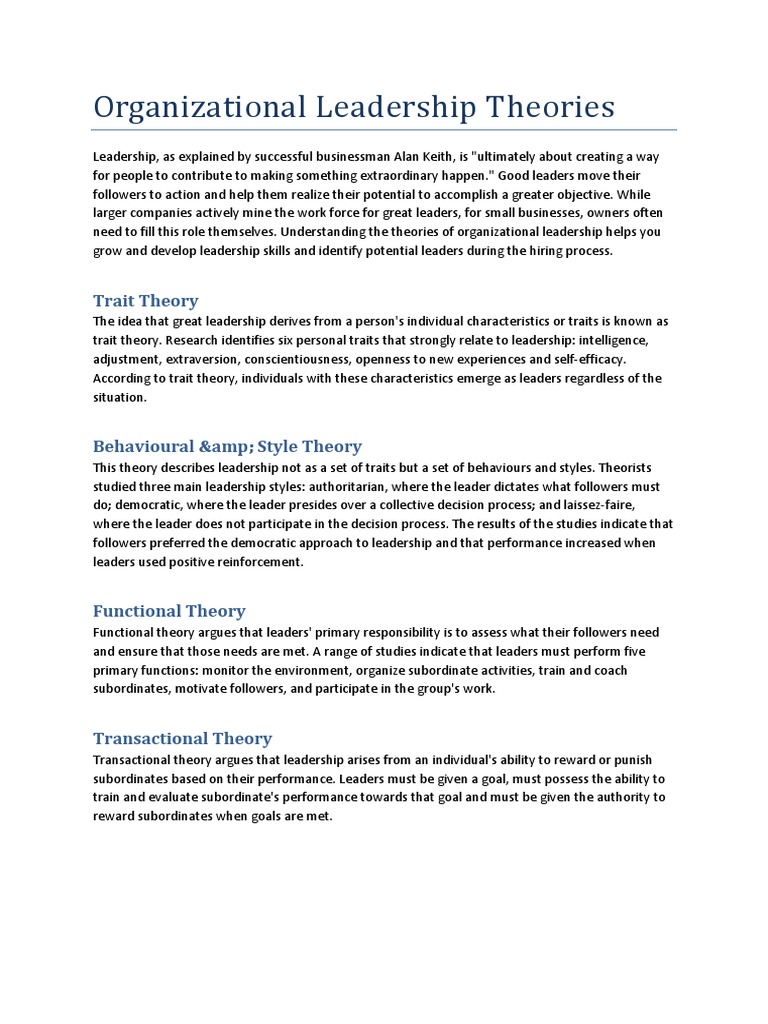 An Overview of Organizational Leadership Theories: Trait, Behavioral ...