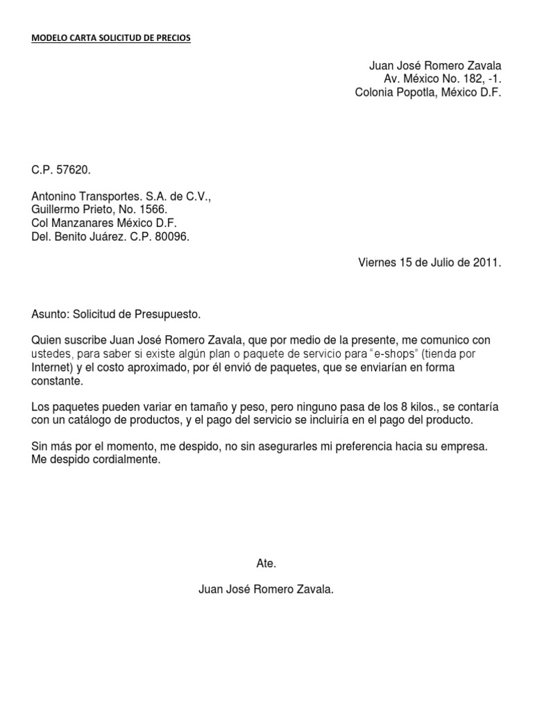 Modelo Carta Solicitud de Precios | PDF | Agitación