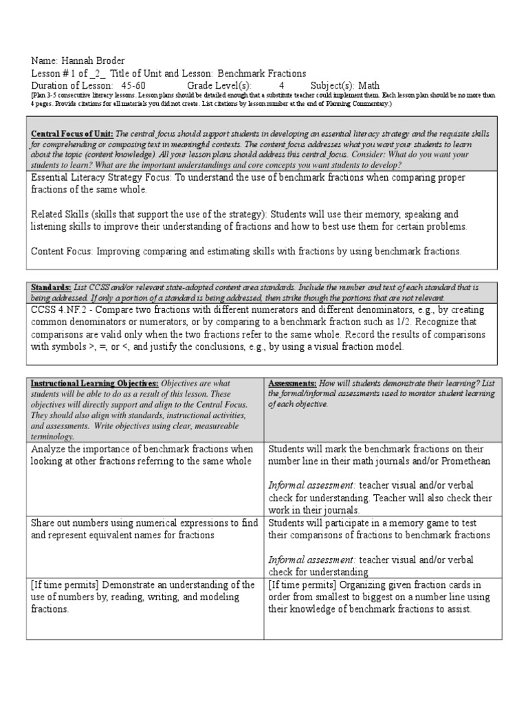 Benchmark Fractions Lesson Plan | PDF | Educational Assessment | Lesson ...