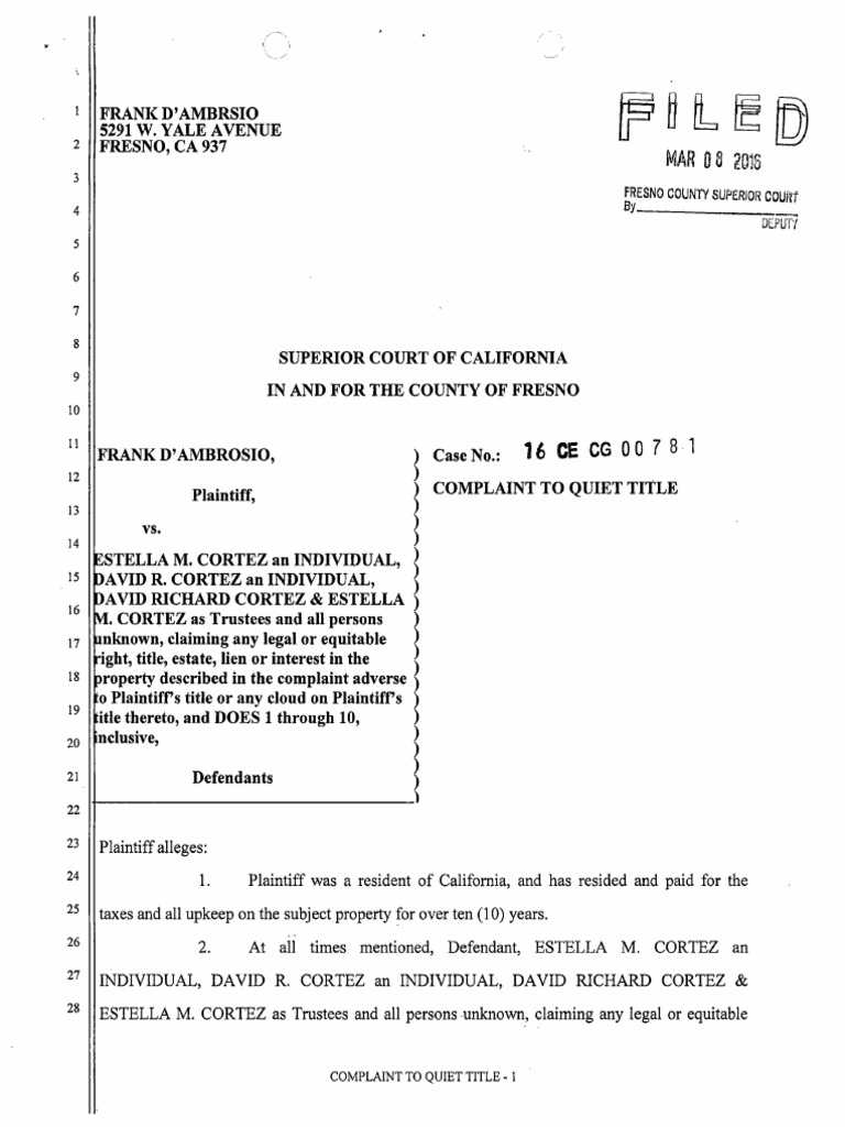 Complaint To Quiet Title | PDF | Lawsuit | Complaint