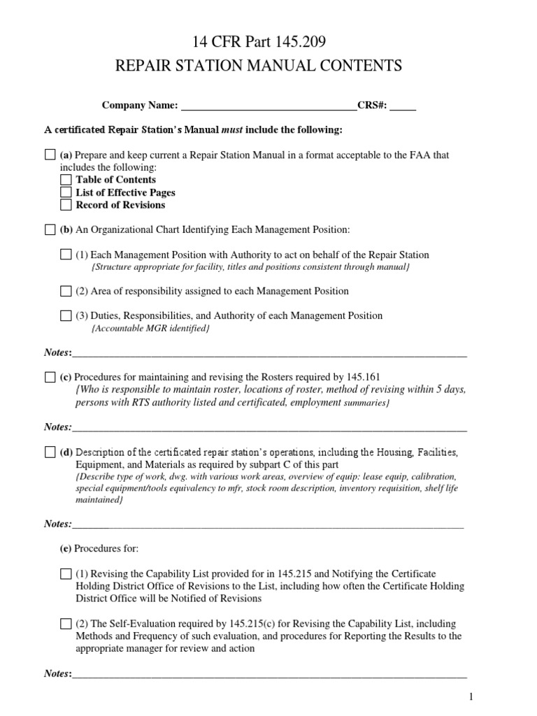 145 Manual Checklist | PDF | Calibration | Federal Aviation Administration