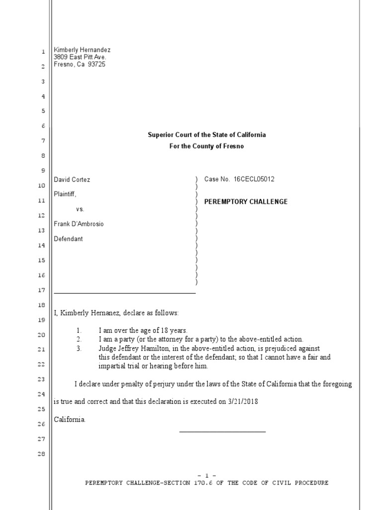 Sample Peremptory Challenge For California | PDF