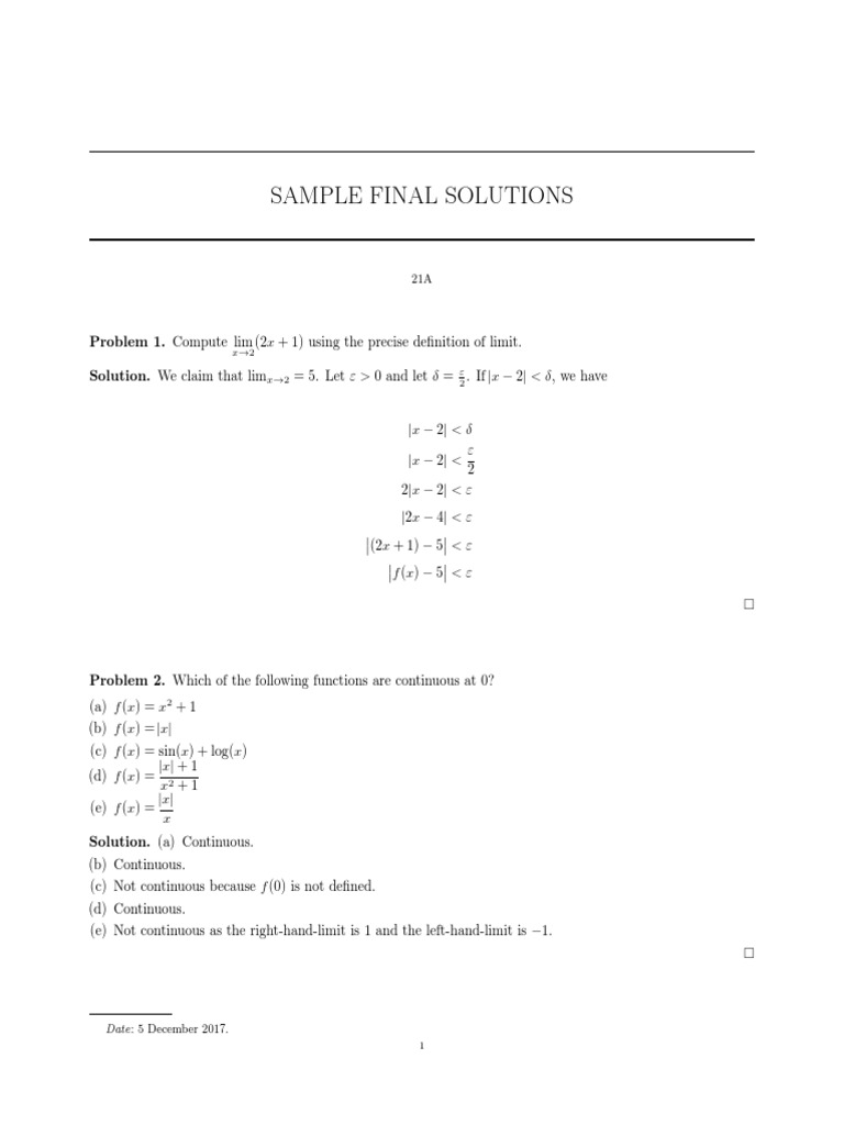 21A Sample Final Solutions PDF | PDF | Differential Calculus ...