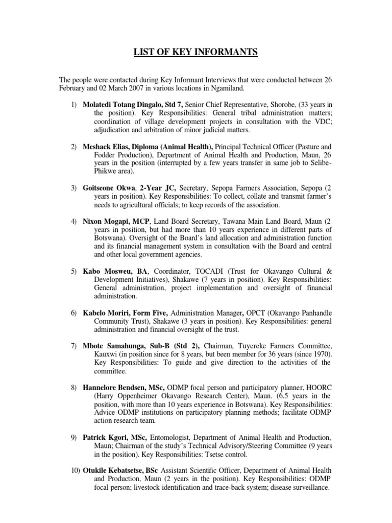 Key Informants in Ngamiland Interviews | PDF | Agriculture | Nature