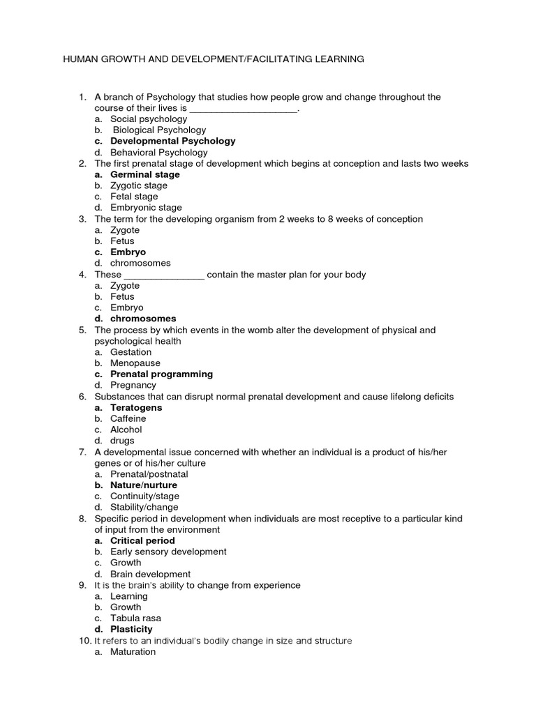 Human Growth and Development Mar2016 Answer Key | PDF | Prenatal ...