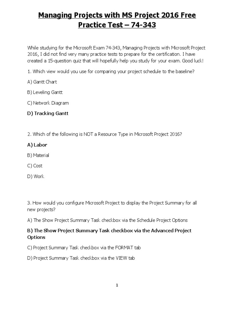 Managing Projects With MS Project 2016 Free Practice Test - 74-343 ...