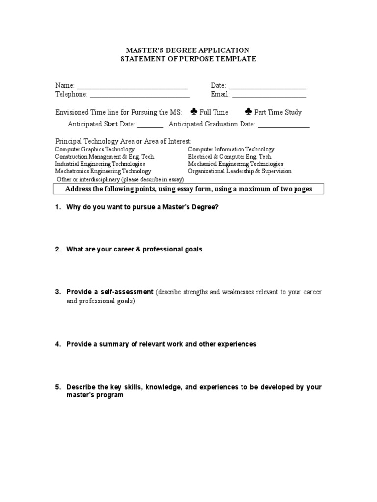 Master'S Degree Application Statement of Purpose Template | PDF