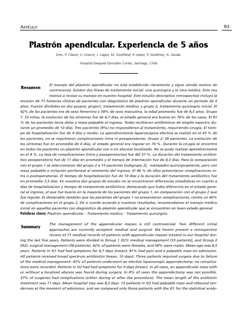 Plastrón Apendicular. Experiencia de 5 Años: Resumen | PDF | Medicina ...