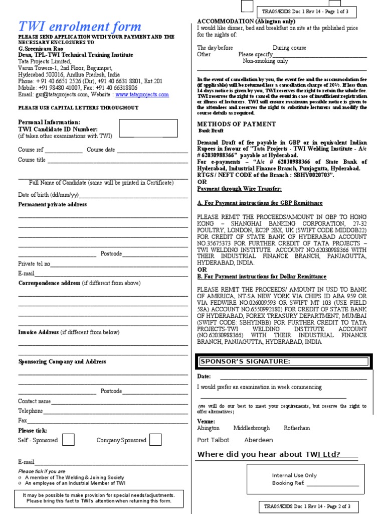 TWI Enrolment Form: Personal Information: TWI Candidate ID Number ...