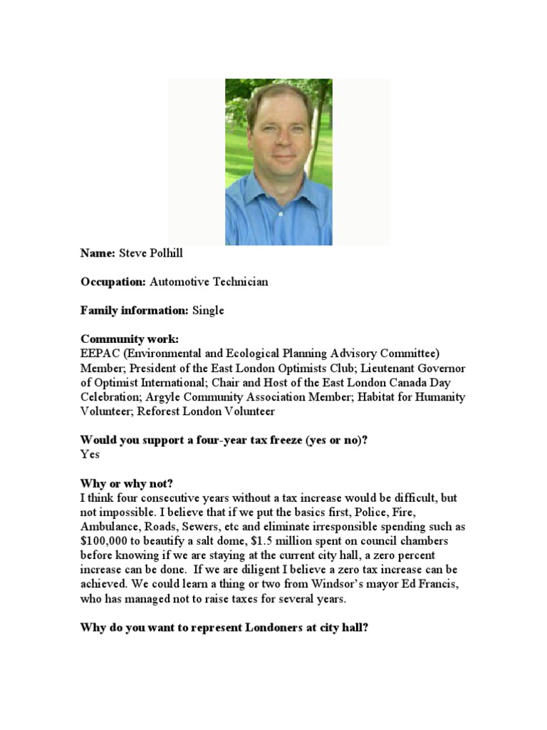 Name: Steve Polhill Occupation: Automotive Technician Family ...