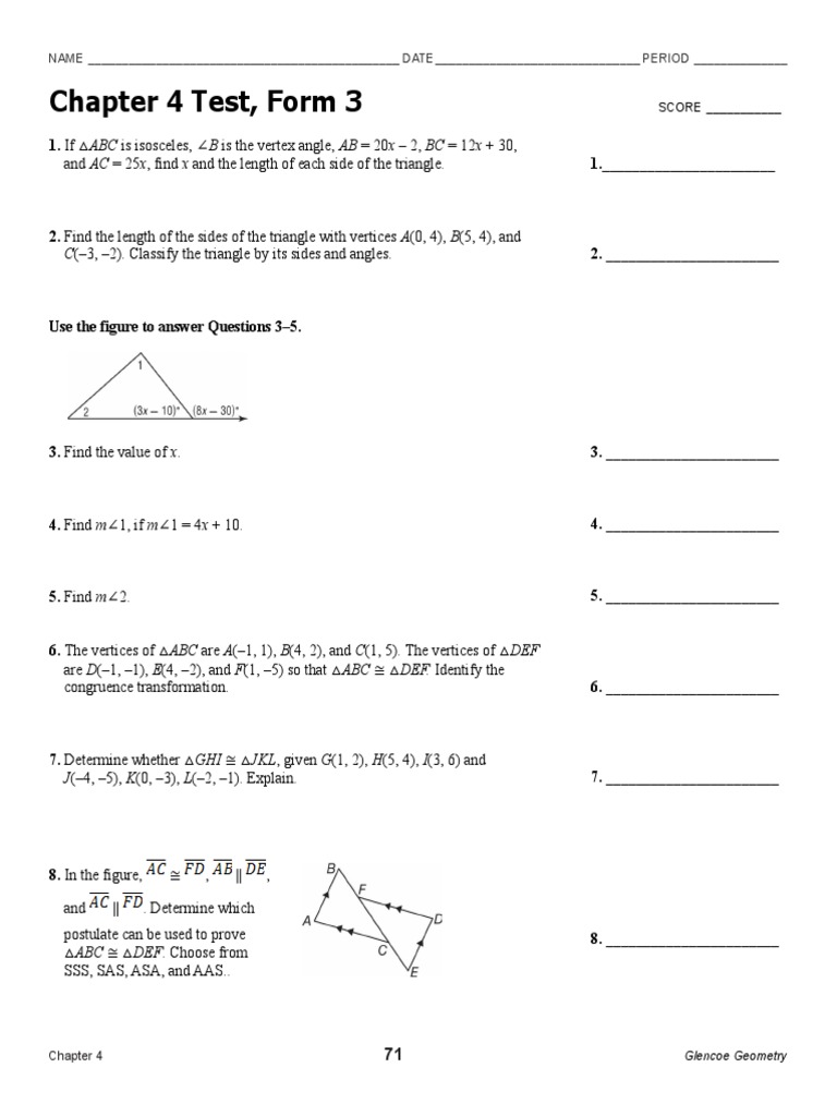 Chapter 4 Test, Form 3 | PDF | Triangle | Triangle Geometry