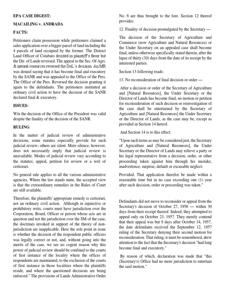 Epa Case Digest: Macailing V. Andrada Facts | PDF | Judicial Review ...