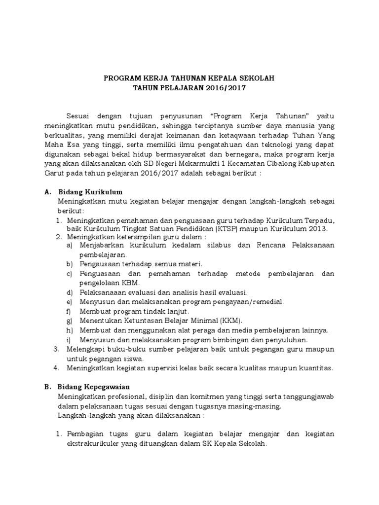Program Kerja Kepala Sekolah Tahunan SMP | PDF