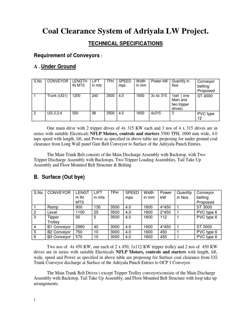 Coal Conveyor Specs | Belt (Mechanical) | Money