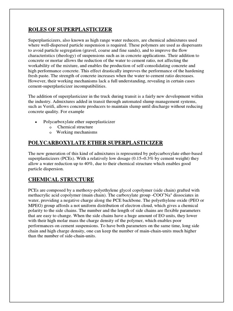 Roles of Superplasticizer | PDF | Chemistry | Chemical Product Engineering