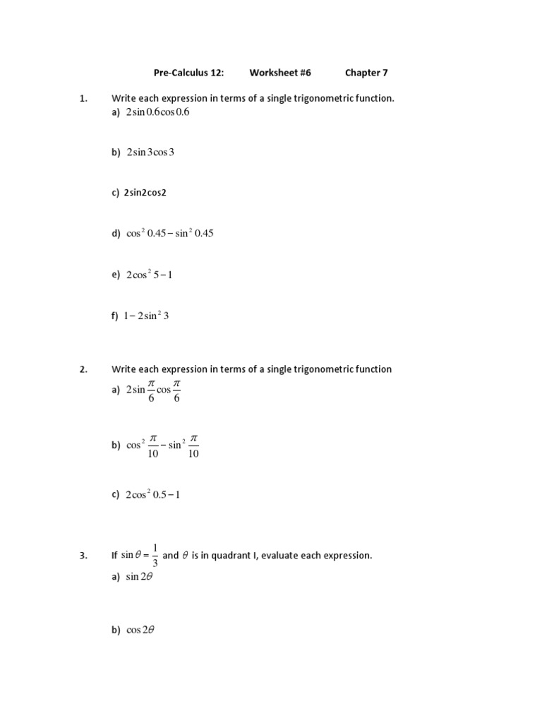 Double Angle Maths Worksheet | PDF