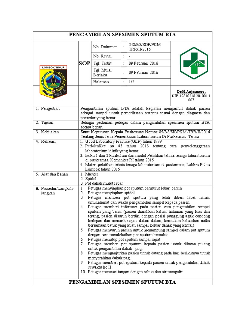 Pengambilan Spesimen Sputum BTA | PDF