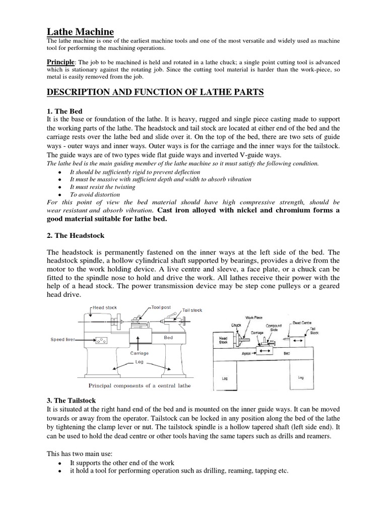 Lathe Machine: Description and Function of Lathe Parts | PDF ...