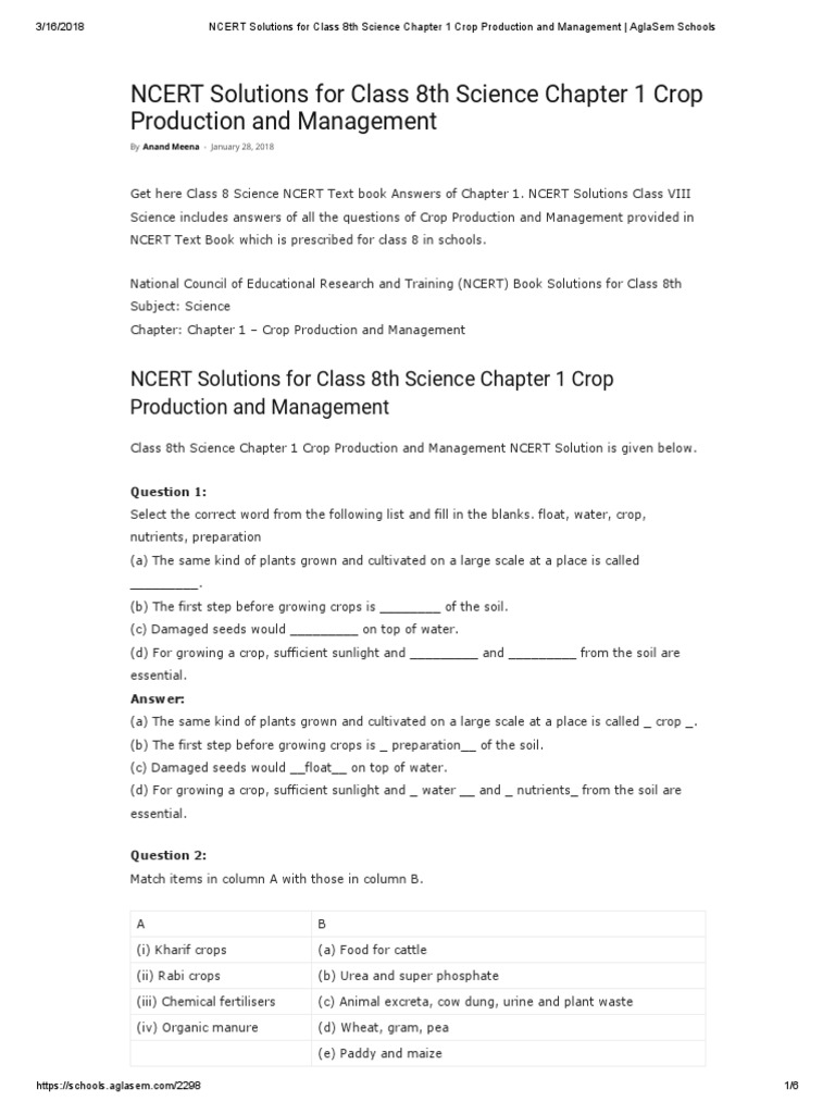 NCERT Solutions For Class 8th Science Chapter 1 Crop Production and ...