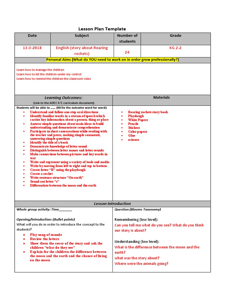 English Lesson Plan Template 2 | PDF | Lesson Plan | Reading Comprehension