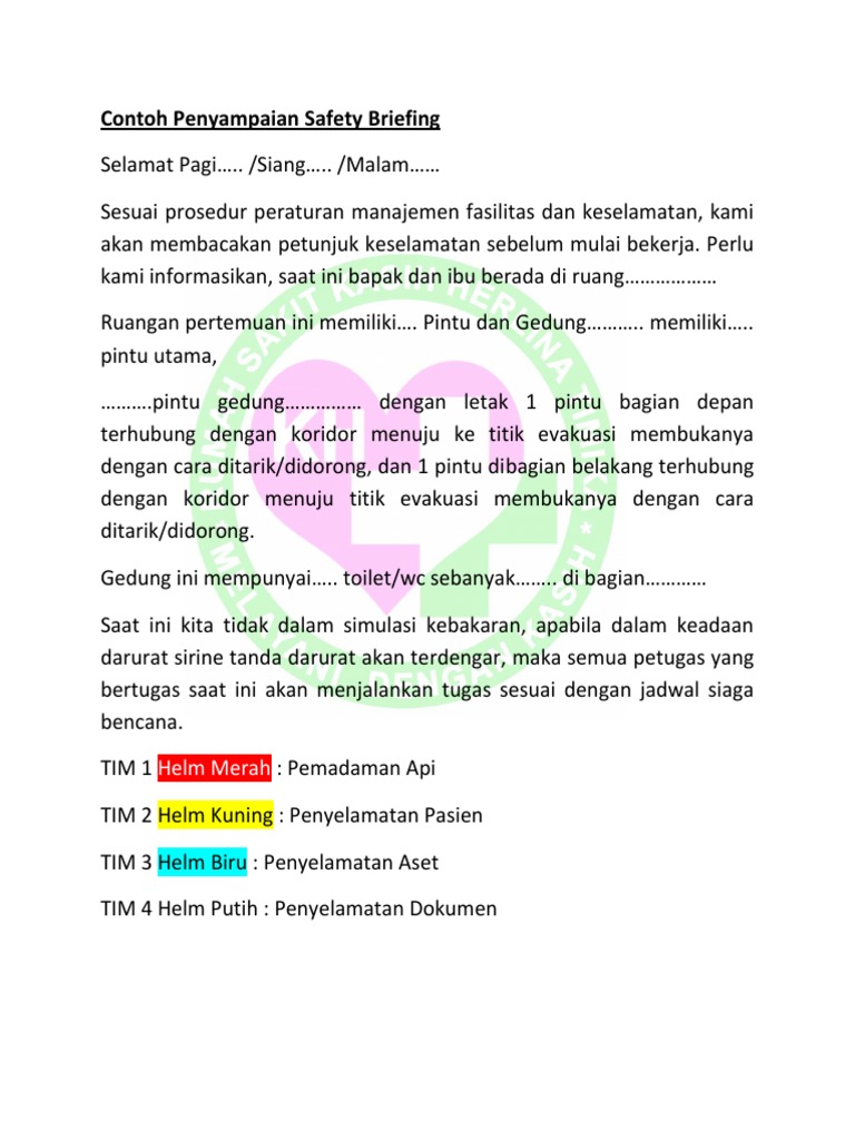 Contoh Penyampaian Safety Briefing | PDF