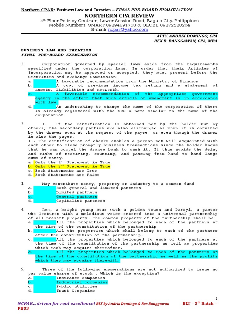 BLT Final Pre-Boards NCPAR | PDF | Partnership | Capital Gains Tax