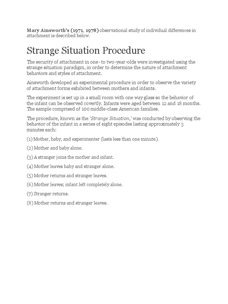 Strange Situation Procedure: Mary Ainsworth's (1971, 1978 ...