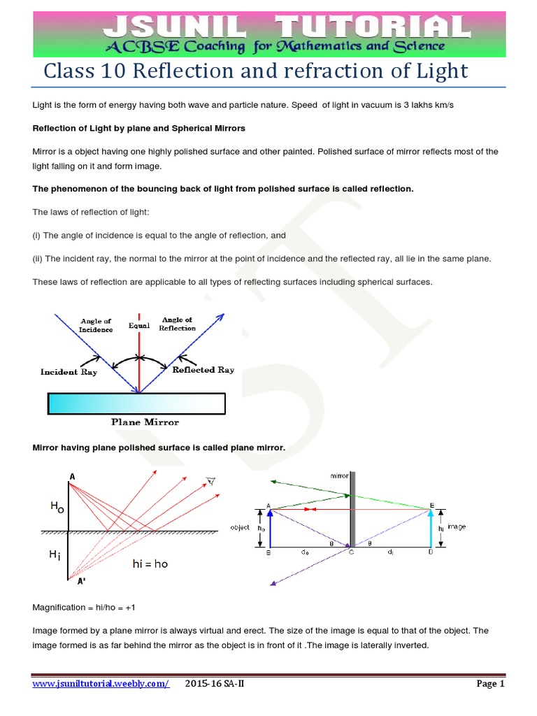 Class 10 Reflection and Refraction of Light Study Notes 2015-16 | PDF ...