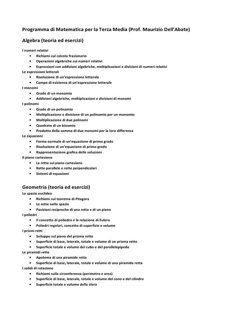 Programma Di Matematica Per La Terza Media | PDF