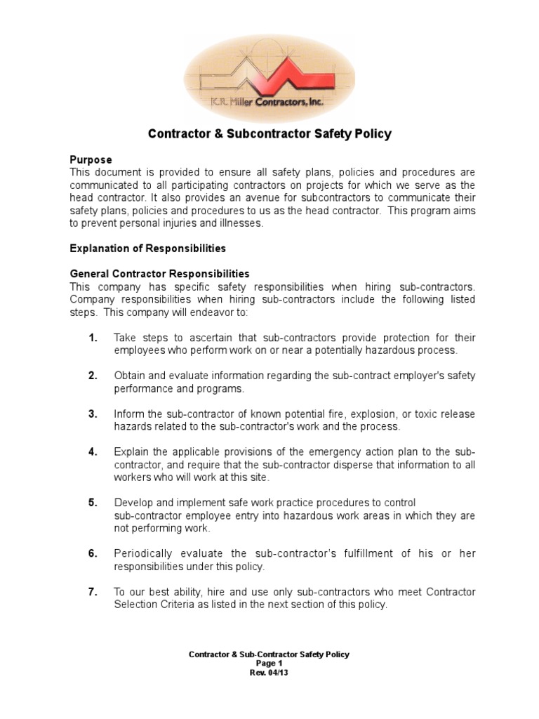 8 - Contractor & Subcontractor Policy | PDF | General Contractor ...