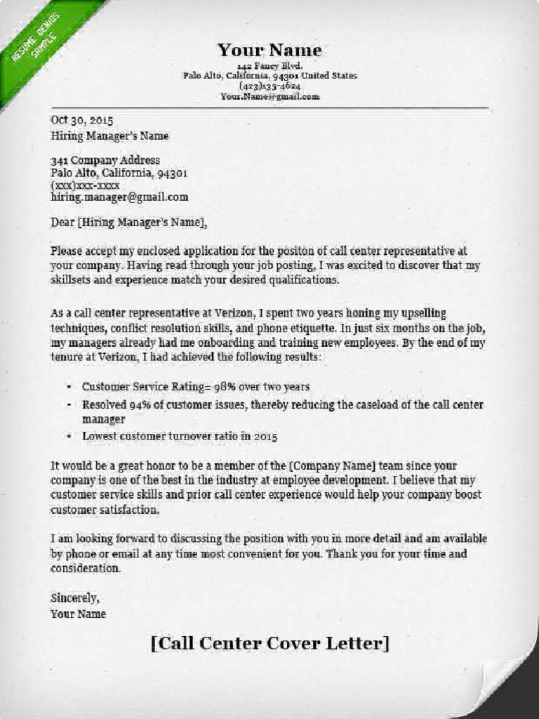 Call Center Cover Letter Sample