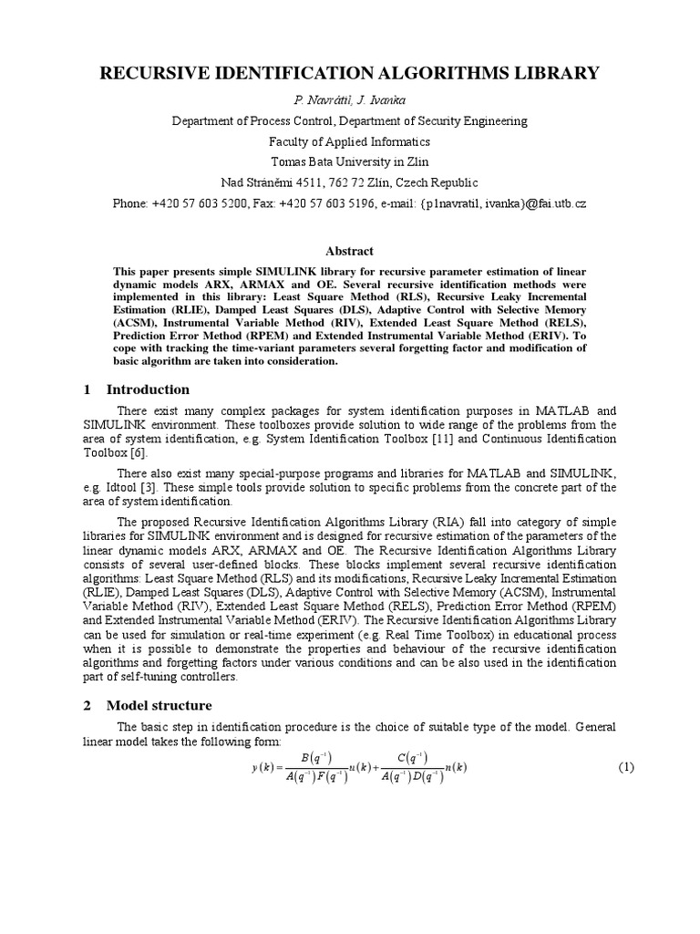 RECURSIVE IDENTIFICATION ALGORITHMS LIBRARY by Navratil | PDF | Matrix (Mathematics) | Least Squares