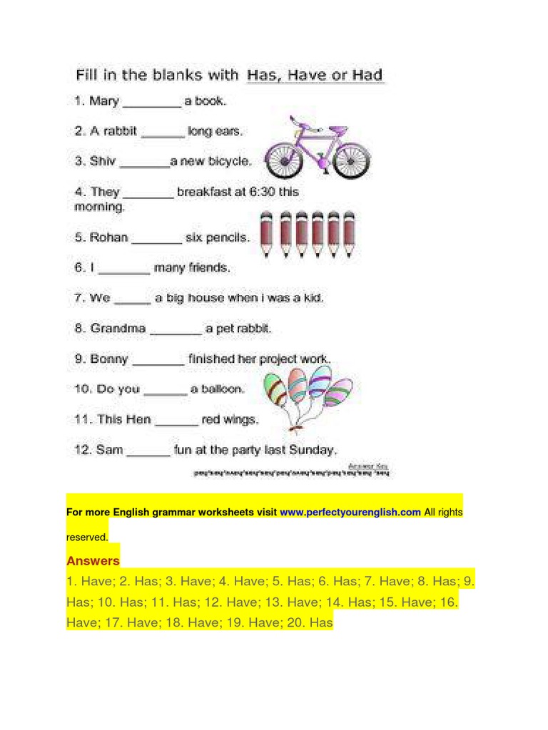Practice Identifying Verb Conjugations with 'Have' and 'Has' with a 20 ...