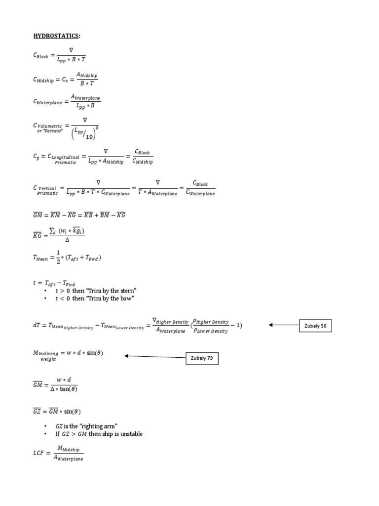 Naval Architecture Equation Summary Sheet | PDF | Mechanical ...